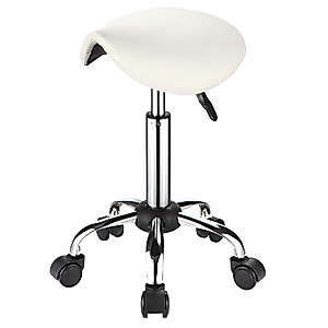 FNZIR Saddle Rolling Stool with Wheels PU Leather Height Adjustable Swivel Stools Chair White