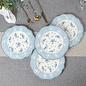 fanquare 10 Inch Porcelain Dinner Plates Set of 4, Lace Dishes Set for Salad, Pasta, Soup, Dessert, Blue Roses
