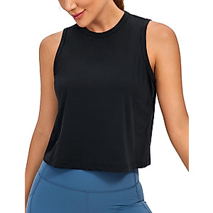 CRZ YOGA Pima Cotton High Neck Cropped Tank Tops for Women Soft Crop Workout Athletic Yoga Basic Sleeveless Shirts Black Small