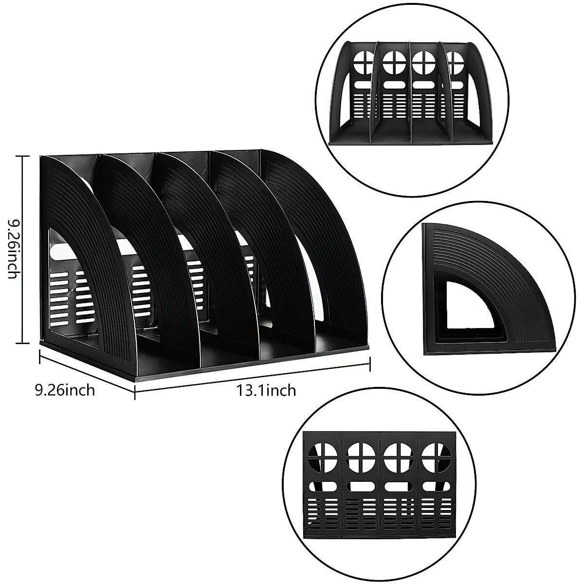 SAYEEC File Holder Storage Folder 4 Compartment Standing Desktop Hollow Organizer Black File Shelf Frame Thicken Plastic Paper Notebook Magazine Bookstore for Office School Supplier Students