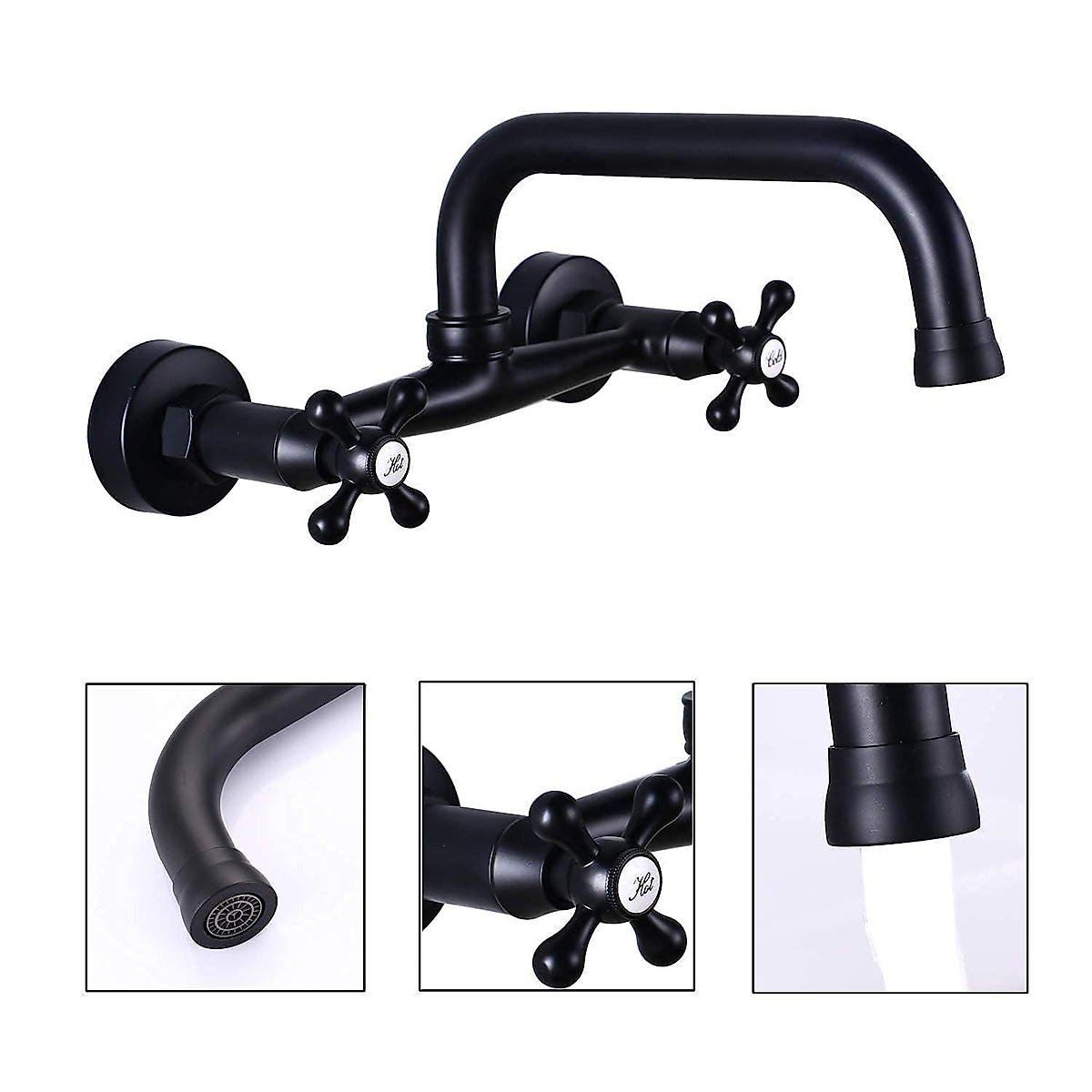 Matte Black Wall Mounted Bathroom Rainfall Shower Faucet System Set Mixer 8’’ Round Head 2 Cross Handles Bathtub Hand Spray Kitchen Faucet 8’’ Center 9’’ Spout Reach 2 Cross Handle Kitchen Sink Faucet