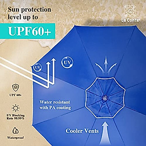 LE CONTE 7FT Beach Umbrella with Sand Anchor, SPF60+ Portable Sunshade Umbrella with Tilt Mechanism, Air Vents Design, Carry Bag for Outdoor Garden (Blue)