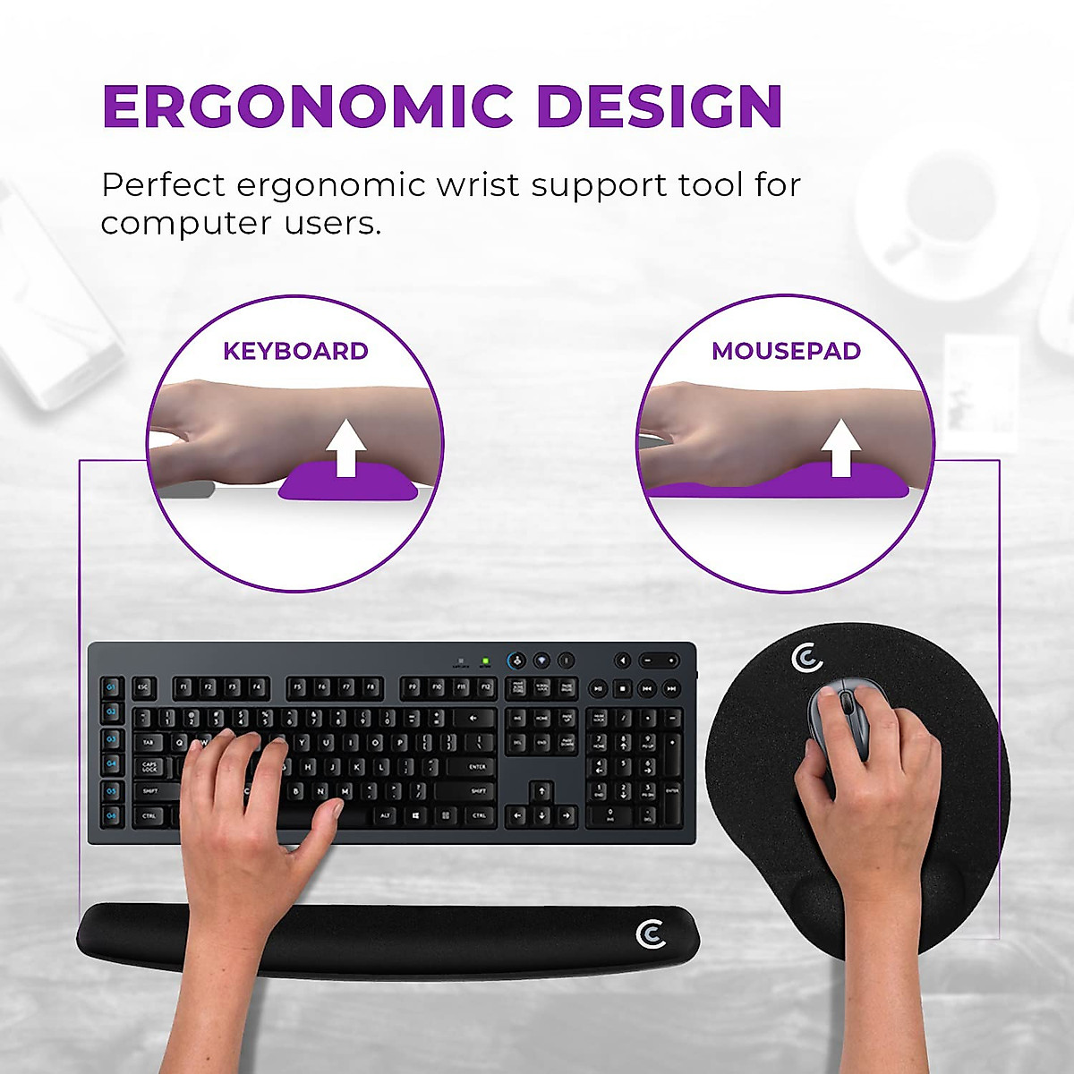 4pc Premium Wrist Rests for Keyboard and Mouse Pad Set - Memory Foam Cushion, Black - Ergonomic Wrists Hand Arm Rest Support for Laptop Computer Desk and Gaming - Carpal Tunnel Syndrome Relief
