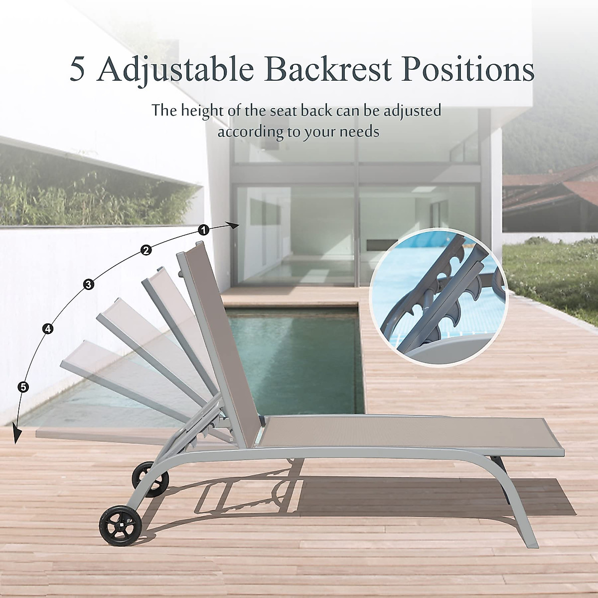 Domi Chaise Lounge Outdoor Set of 3, Lounge Chairs for Outside with Wheels, Outdoor Lounge Chairs with 5 Adjustable Position, Pool Lounge Chairs for Patio, Beach, Yard, Deck, Poolside, Khaki