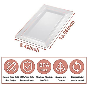 SUT 12 Pack White Plastic Serving Trays with Rose Gold Rim, 13 X 8 inch Rectangle Food Trays, Disposable platters Cookie Serving Trays, Rose Gold Serving Tray Wedding and Disposable Trays for Parties