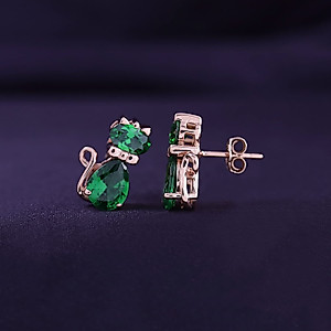 Mother's Day Jewelry Gift Pear & Oval Shape Simulated Emerald Cute Animal Kitty Cat Stud Earrings In 14k Rose Gold Over Sterling Silver