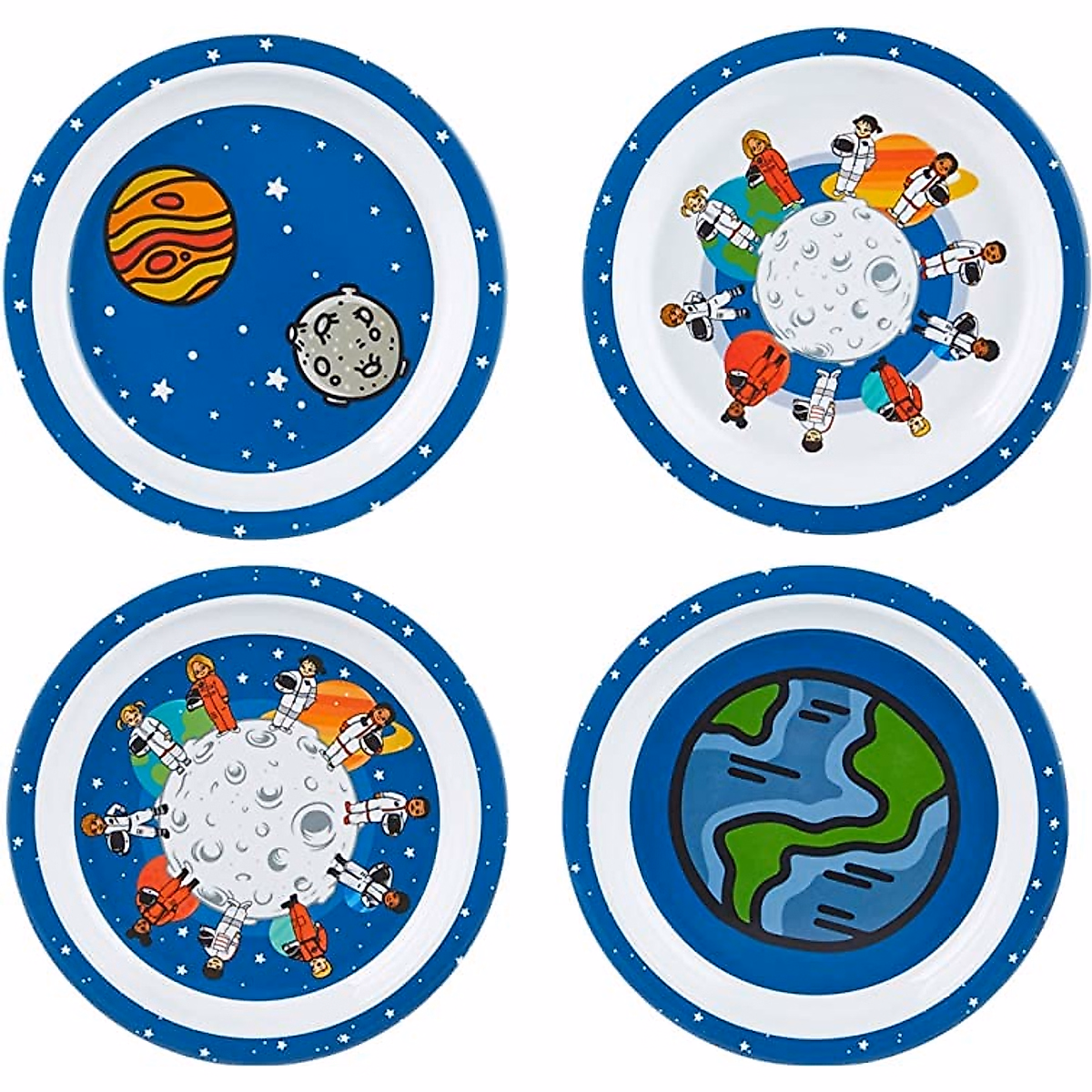 4 Piece Kid Space Themed Plate Set, 4 Plates With Different Designs, Lightweight & Shatterproof Toddler Feeding Set, Children Safe Kitchen Set, Fun Mealtime, LIttle Kid Dinner Plates