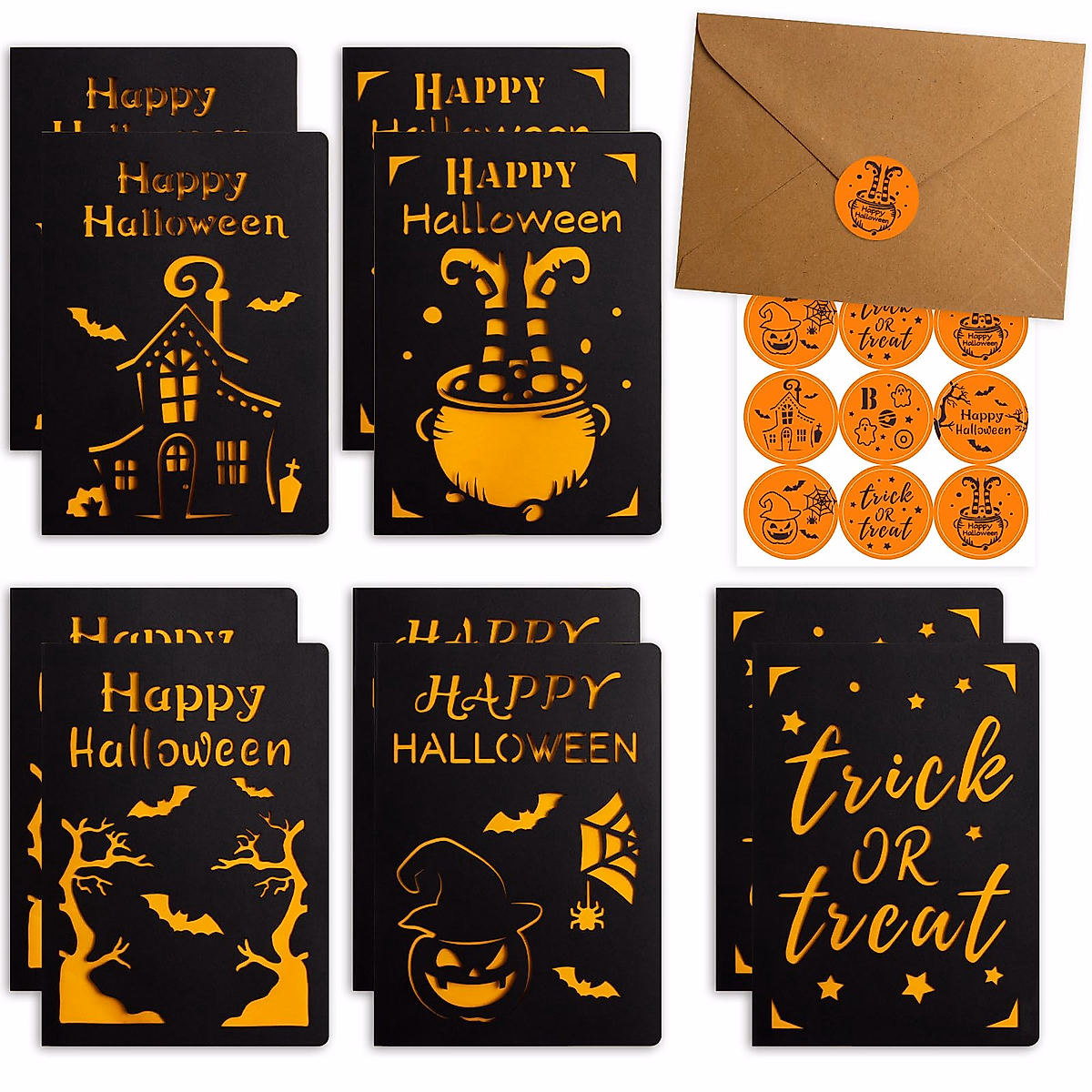 Fancy Land Halloween Cards Die Cut Design Happy Halloween Greeting Cards with Envelopes and Stickers Assortment 5” x 7”