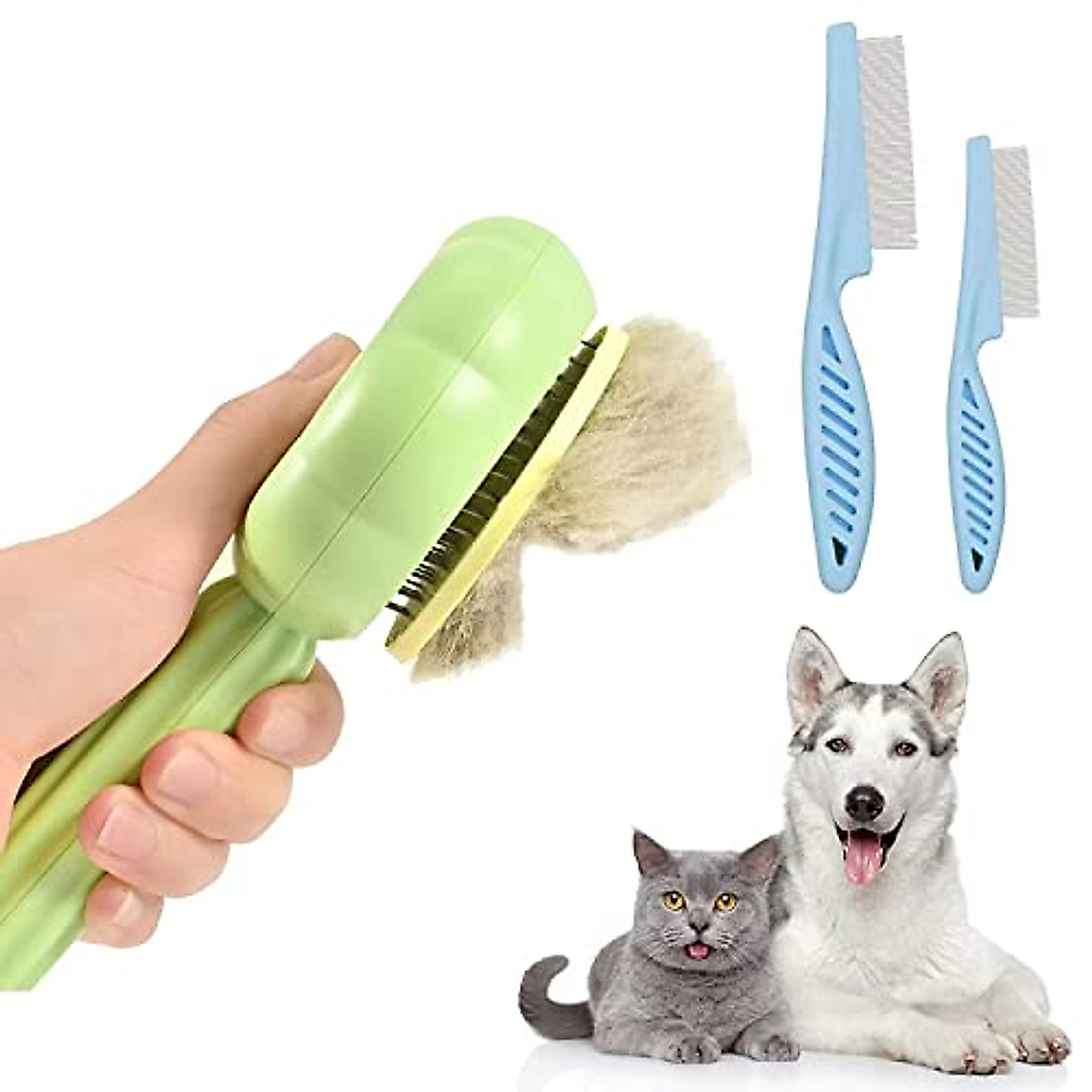 AESALUTOY Cat Brush for Shedding Indoor Cats - Cat Hair Brush for Deshedding Long Haired Cats, Self Cleaning Cat Grooming Brush, Slicker Brush for Cats, Kitten and Short Haired Dogs, Cat Fur Comb Brush with Two Cat Hair Combs(Green)