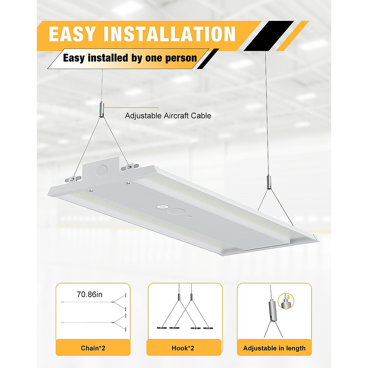 JC-LGL 300W LED Linear High Bay Light with PIR Sensor，LED High Bay Shop Lights Fixture, Compatible with Industrial 120-277V, LED Linear High Bay Light for Shop Garage Warehouse