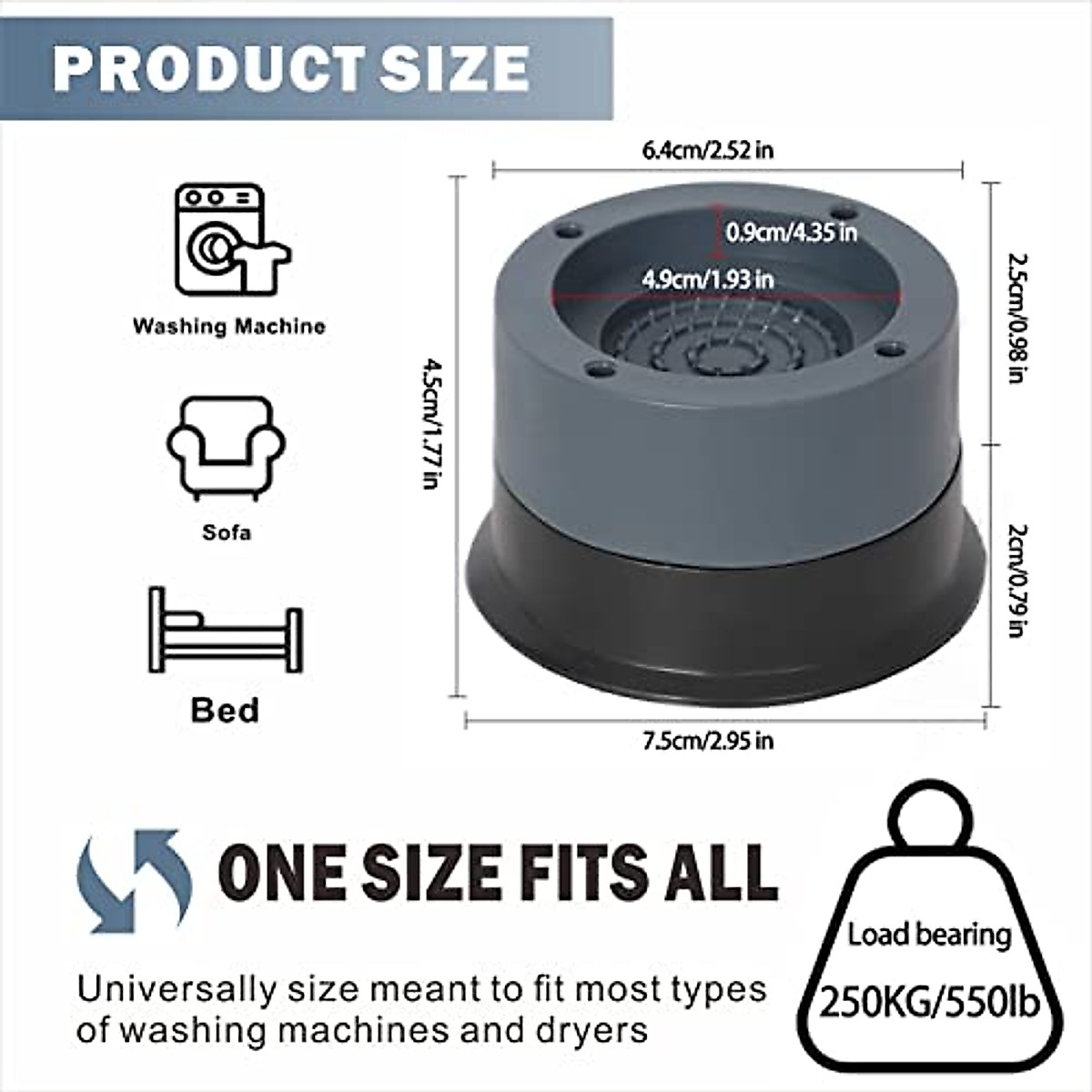 Anti Vibration Pads, 4pcs Washing Machine Base Foot Pads, Non Slip Heighten Shock and Noise Cancelling Mat for Washer and Dryer Machine Support Protects Pedestals (4 PCS)