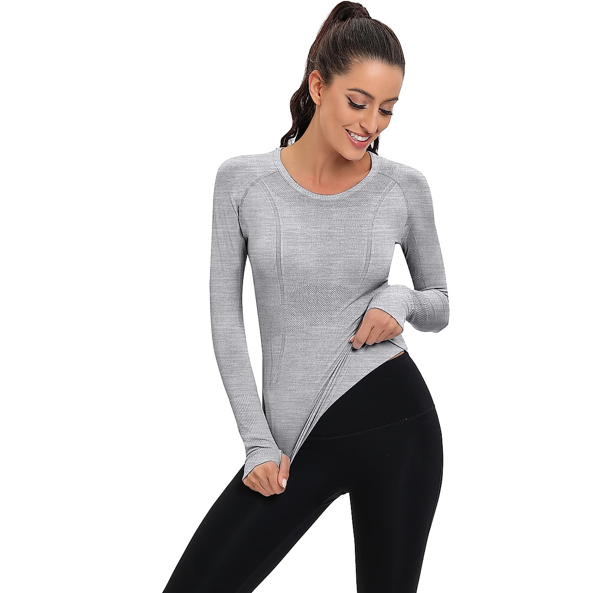 2 Pieces Women Long Sleeve Workout Shirt Seamless Workout Shirts with Thumb Holes Fitted Top Sports Yoga Athletic Shirt Top (Gray, Blue, X-Small)