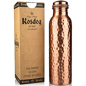 Kosdeg Copper Water Bottle - 34 Oz Extra Large - A Hammered Ayurvedic Pure Copper Vessel For Drinking - Drink More Water, Lower Your Sugar Intake And Enjoy The Health Benefits Immediately