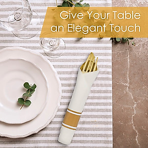 50 Gold Wrapped Plastic Cutlery Set with Napkin - By Zulzzy- Individually Pre Rolled Gold Silverware Disposable Ideal for Parties, Weddings, 50 Forks, Spoons & Knives with White Napkins