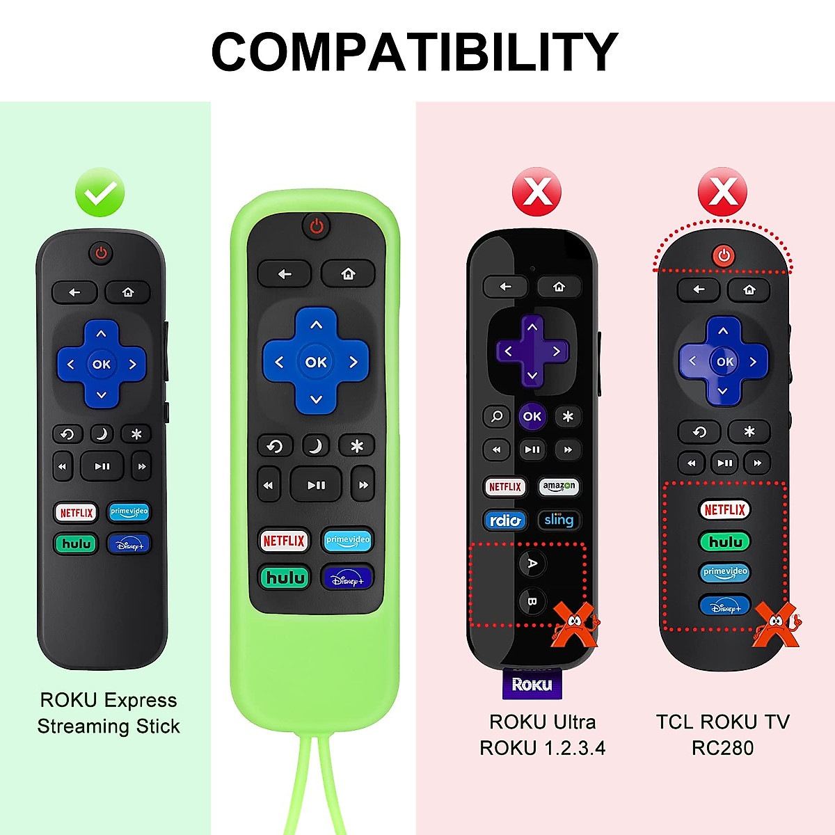 [2 Pack] Silicone Protective Case Compatible with Roku TV Remote, TCL Roku,Hisense Roku, Remote Cover Also for Roku Express+ and Roku Streaming Stick Remotes (Luminous Green + Blue)