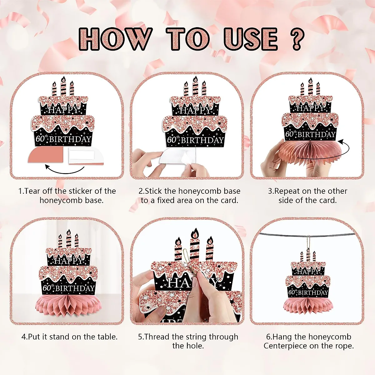 LITAUS, Rose Gold 60th Birthday Decorations Honeycomb Centerpieces for Table - Pack of 9 | 60th Birthday Table Decorations Women | Happy 60th Birthday Decorations