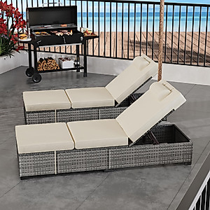 GAOMON Outdoor PE Wicker Patio Chaise Pool Lounge Chairs, Patio Pool Lounge Chairs Set, Rattan Recliners with Adjustable Backrest, Off White Cushions, and Storage Table, Set of 2-White