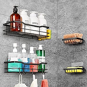 Adhesive Shower Caddy Shelf, 4 Pack No Drilling Wall Mounted Shower Organizer with 4 Hooks and 2 Soap Holders for Bathroom Washroom Inside Shower, Stainless Steel Rustproof Shower Rack for Kitchen