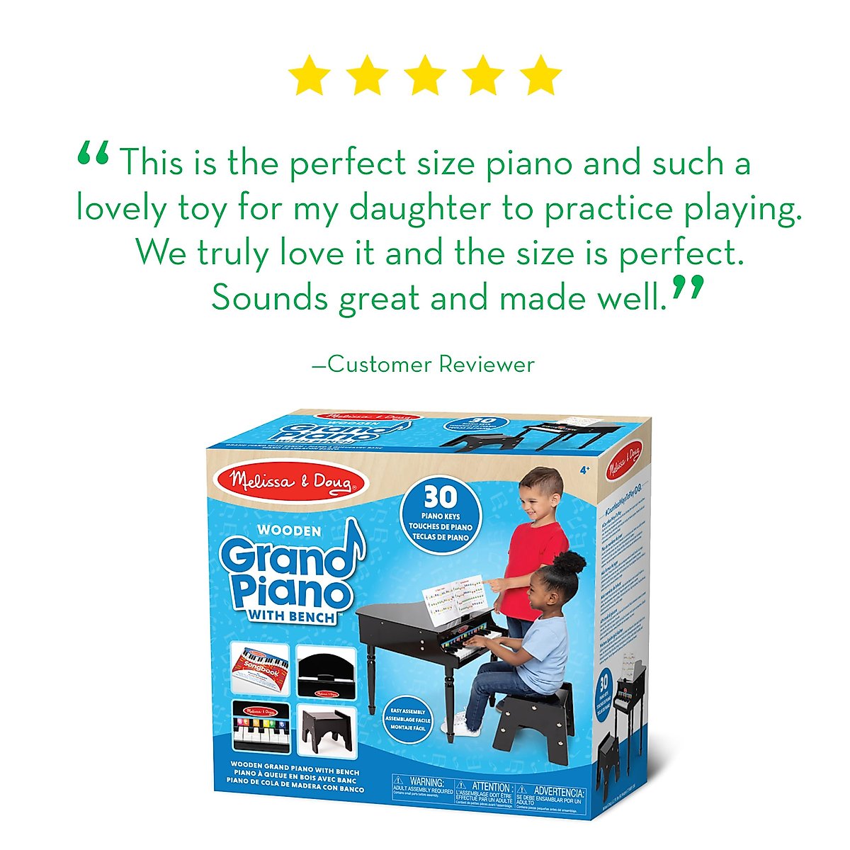 Melissa & Doug Learn-To-Play Classic Grand Piano With 30 Keys, Color-Coded Songbook, and Non-Tip Bench 23.5" x 22.2" x 10"