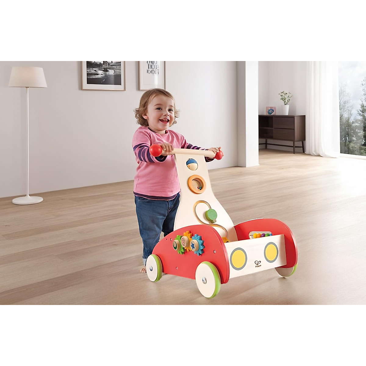 Hape Wonder Walker Push and Pull Toy | Award Winning Wooden Toddler Walking Activity Center, Rolling Baby Walker Toy, Red/Natural