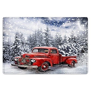 LB Winter Snow Forest Bath Mat Farmhouse Red Truck with Pine Tree Area Rug for Bathroom White Snowflake Doormat Non Slip Memory Foam Super Absorbent Floor Mats,24Wx16H Inch