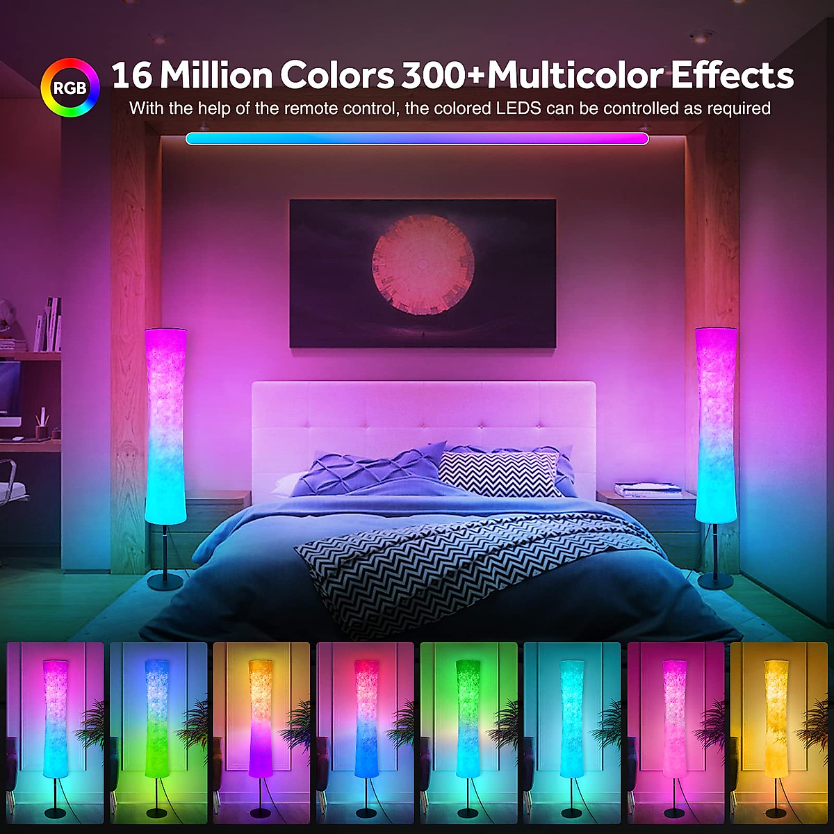 Houkiper RGB Floor Lamp - 61" Led Floor Lamps for Living Room Modern Smart Lamp Alexa App Control RGB Standing Lamp with DIY Mode, Music Sync & White Fabric Shade, Color Changing Led Lamp for Bedroom