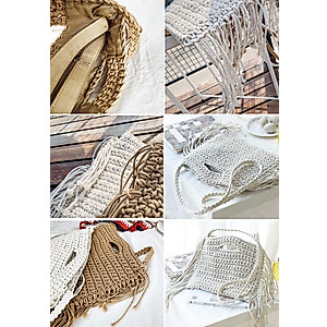 Nice Pies Solid Color Tassel Summer Beach Bag Tote Braided Handbag Women Weave Grass Bag for Travel Everyday Use