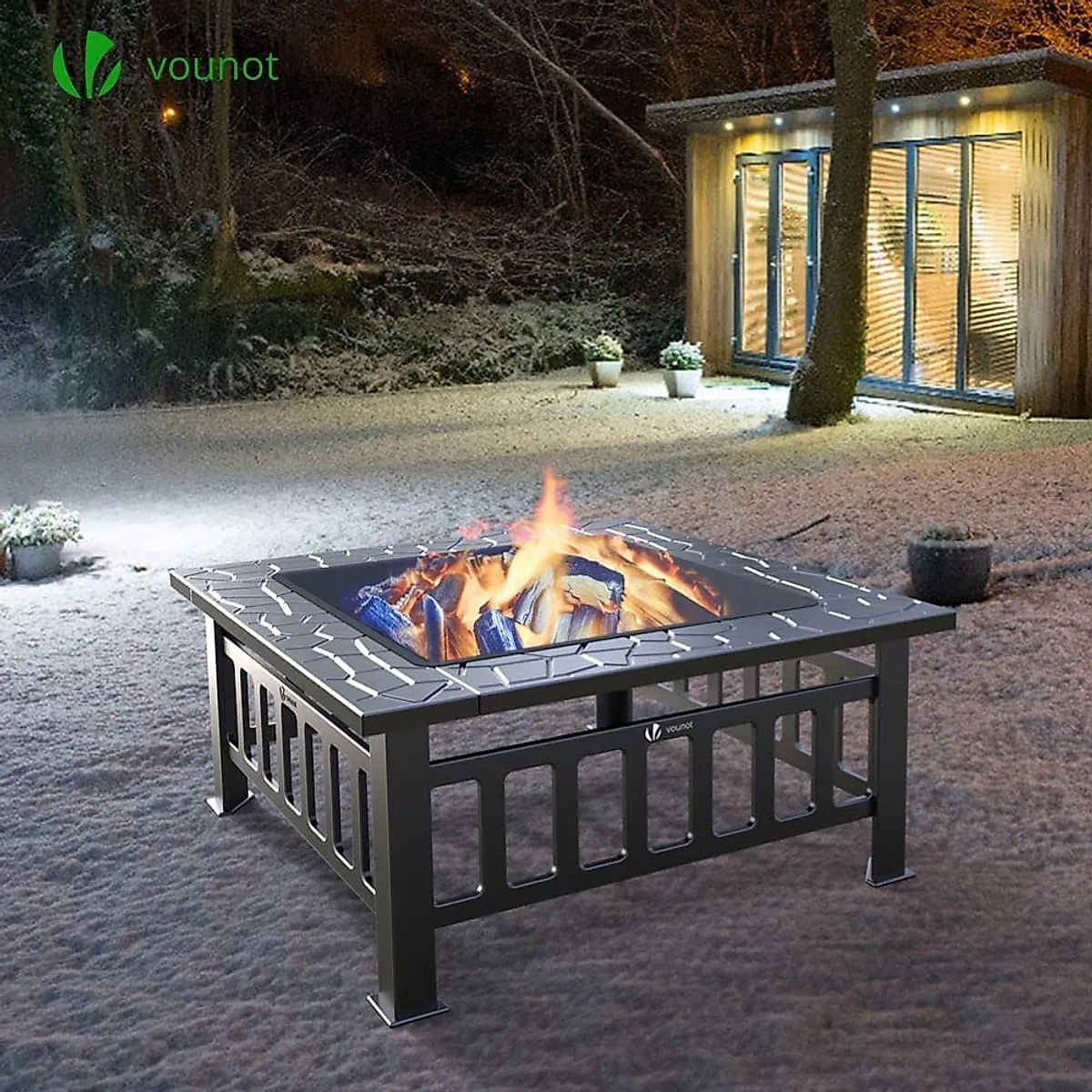 VOUNOT 3 in 1 Metal Square Firepit 32 inch Heavy Duty Fire Pit Table Outside Wood Burning Fire Pits with Spark Screen Lit and Rain Cover for Camping Garden Patio, Black