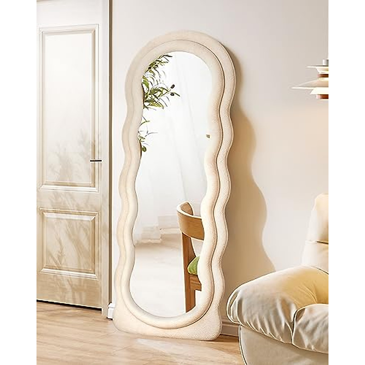 ITSRG Wavy Wall Mounted Mirror with Flannel Wrapped Wooden Frame and Stand - Full Length (White)