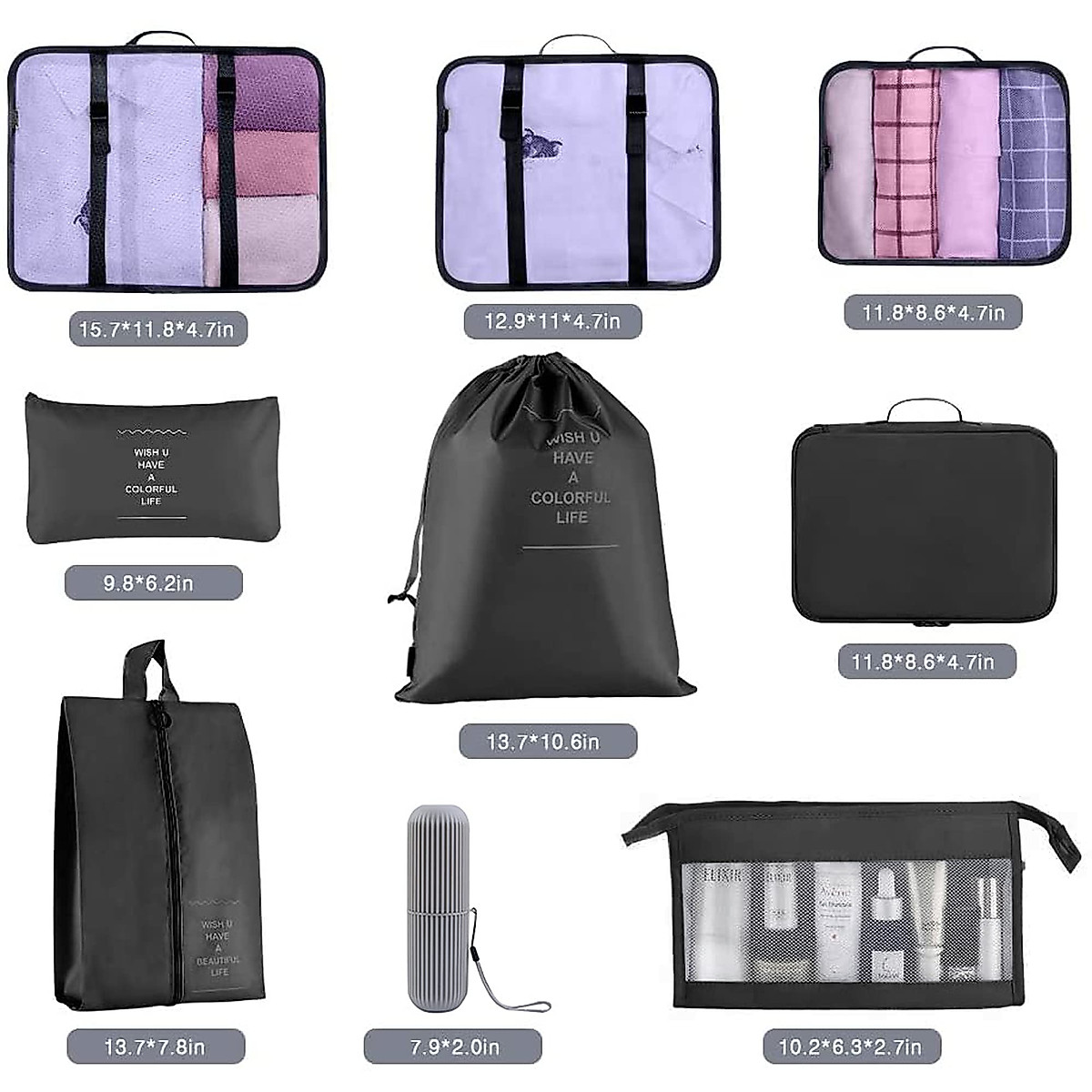 Packing Cubes - 9 PCS Travel Luggage Organizers Set Waterproof Suitcase Organizer Bags Clothes Shoes Cosmetics Toiletries Storage Bags(Black)