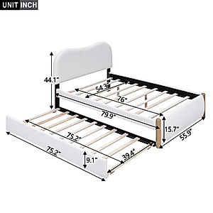 HomSof Full Size Upholstered Platform Bed with Wood Supporting Feet and Twin Size Trundle, White