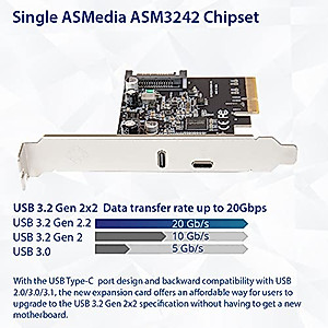 I/O CREST USB-C 3.2 Gen 2x2 + 20W QC Power Delivery PCI-e Gen 3 x4 Expansion Card SATA Powered ASMedia ASM3242