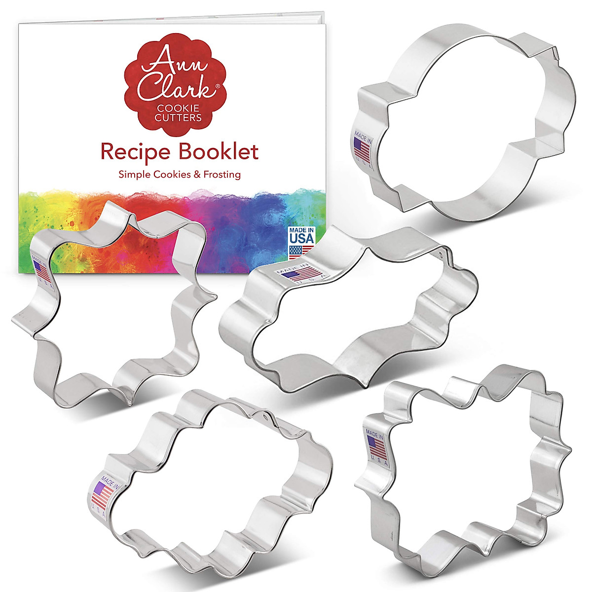 Plaque Cookie Cutters 5-Pc. Set Made in USA by Ann Clark, Square Plaque, Oval Plaque, Photo Plaque, Long Fancy Plaque, Square Plaque