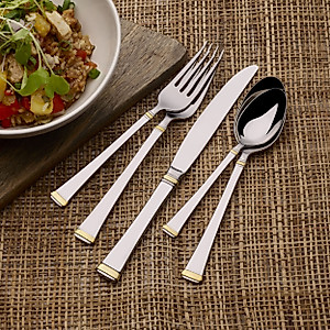 Mikasa Harmony 65-Piece Stainless Steel Flatware Set with Serveware, Service for 12, Gold-Accent