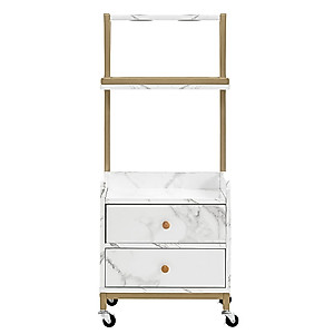 BarberPub Salon Trolley with Wheels Rolling Barber Cart with Drawers Marbled Board for Beauty Salon Metal Frame with 2 Hair Dryer Holders 2044 (White)
