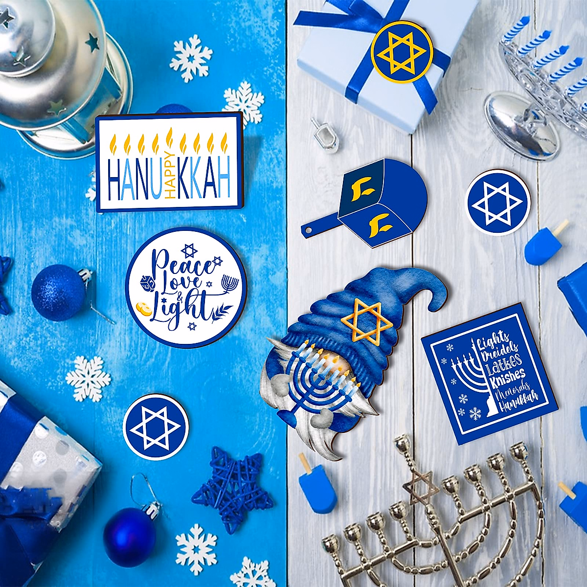 10 Pieces Happy Hanukkah Tiered Tray Decor-Hanukkah Wood Signs Decor with Star of David, Hanukkah Gnome, Mini Menorah, Hanukkah Party Wooden Decor for Hanukkah Farmhouse Home Table Decor
