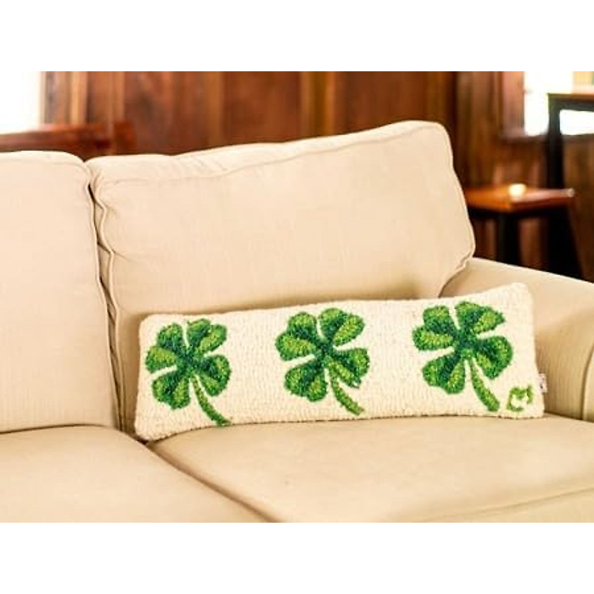 Chandler 4 Corners Artist-Designed 4 Leaf Clover Hand-Hooked Wool Decorative Throw Pillow (8” x 24”) St Patrick's Pillow for Couches & Beds - Low Maintenance St Patty's Day Shamrock Lumbar Pillow