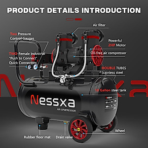 10 Gallon Ultra Quiet Air Compressor, 2HP 3.45 CFM@ 115PSI Oil-Free Air Compressor Tank, 110V/60hz, 70dB Air Compressor for Car Repair, Spray Painting, Woodwork Nailing