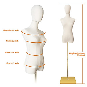 Female Mannequin Torso Dress Forms for Sewing Manicanequin Body Gold Metal Stand Detachable Head for Clothing Dress Jewelry Display, No Hands