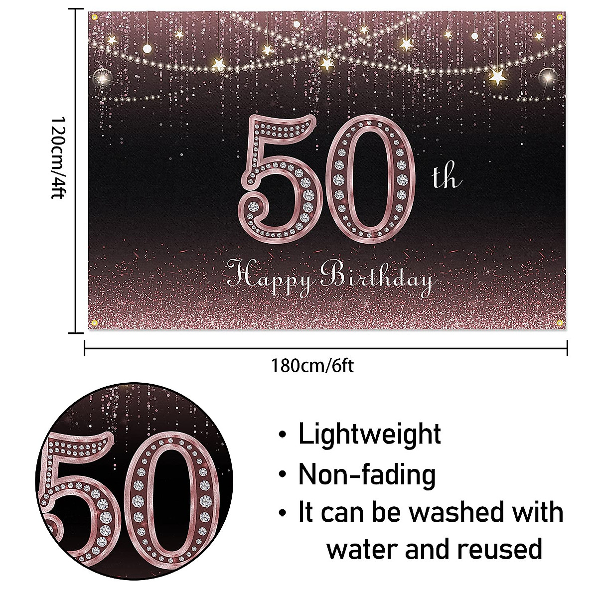HAMIGAR 6x4ft Happy 50th Birthday Banner Backdrop - 50 Years Old Birthday Decorations Party Supplies for Women - Rose Gold
