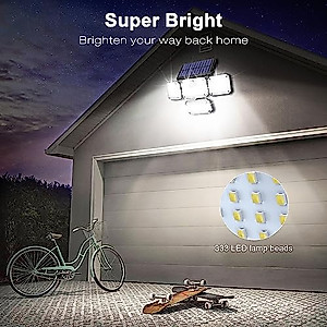 HELLYMOON Solar Flood Lights Outdoor, 3000LM 6500K 333 LED Security Lights with Remote Control, 4 Heads 3 Modes 270° Angle Motion Sensor Lights, IP65 Waterproof, for Porch Yard Garage (333 Beads)