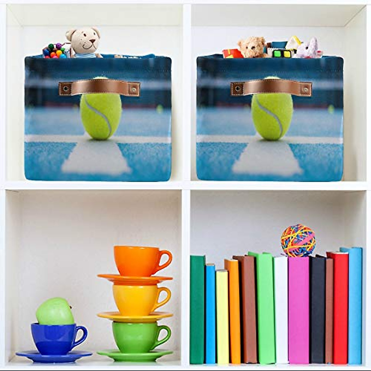 Storage Bins Sport Tennis Ball Pattern Storage Basket Collapsible Cube Rectangle with Handle Storage Box for Shelves Home Office Closet 1 Pack