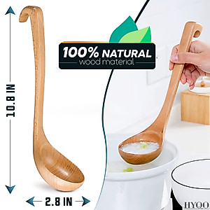 Wooden Ladle for Soup - 10.8x2.8" Wood Ladle with Deep Scoop, Hanging Hook, and Lacquer Coating for a Comfortable Grip, Easy to Clean and Store - Hard Thermostable, Long Soup Spoon for Kitchen