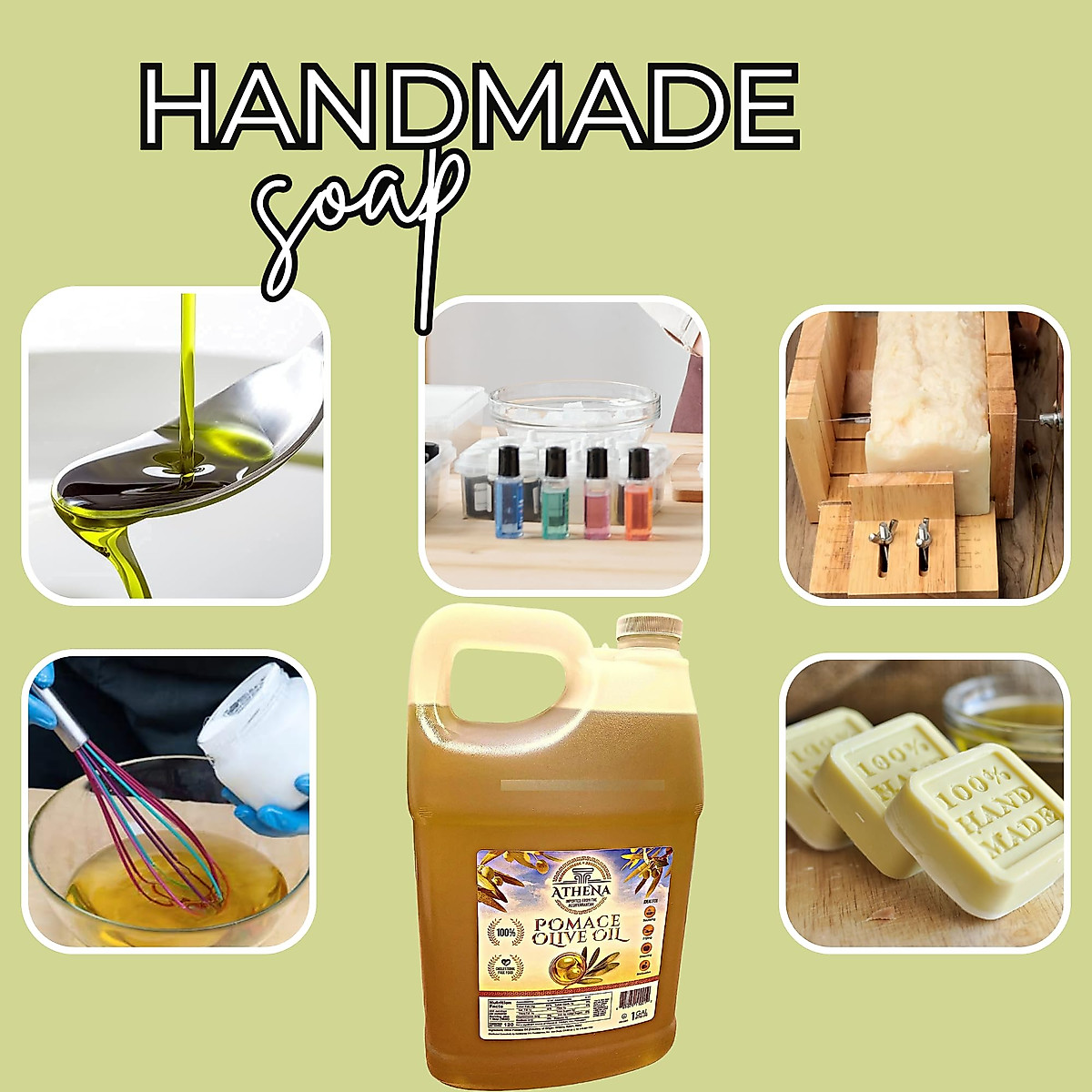 Athena • Greek Olive Oil For Soap Making • 1 Gallon (128 oz) • Pomace Grade/Food Grade • Castile Soap Base-Resealable Cap • Extra Light Olive Pomace Oil • Olive Oil Soap Supplies, Skin, Massage Oil,