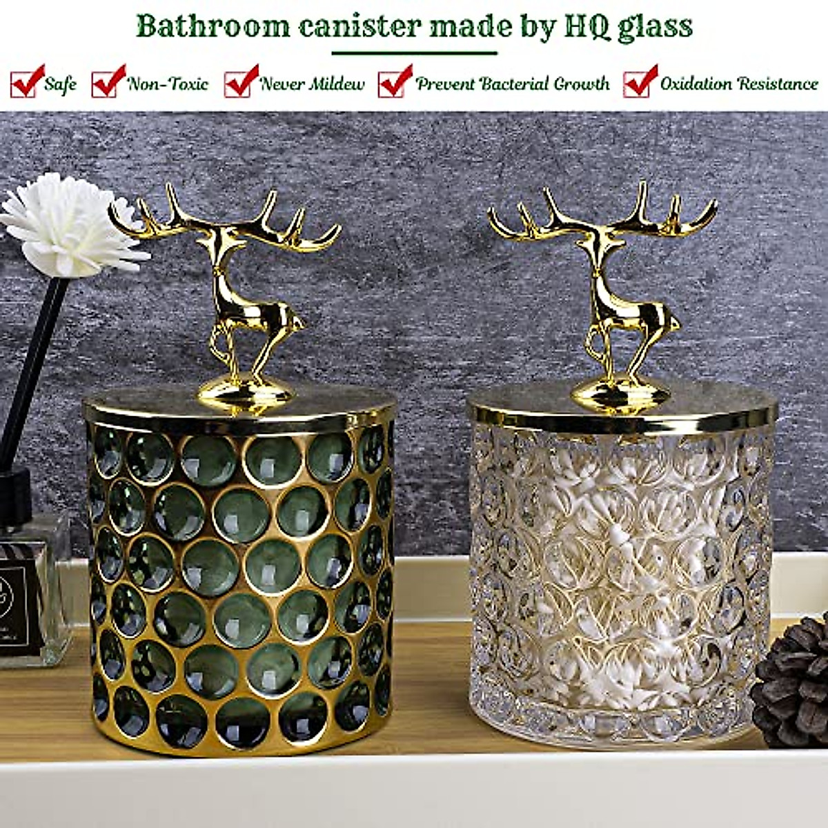 Ezebesta 2PCS Vintage Bathroom Canisters Luxury Small Thick Glass Jar Set Qtip Holder Dispenser for Cotton Ball & Pads Storage Organization Beautiful Decor