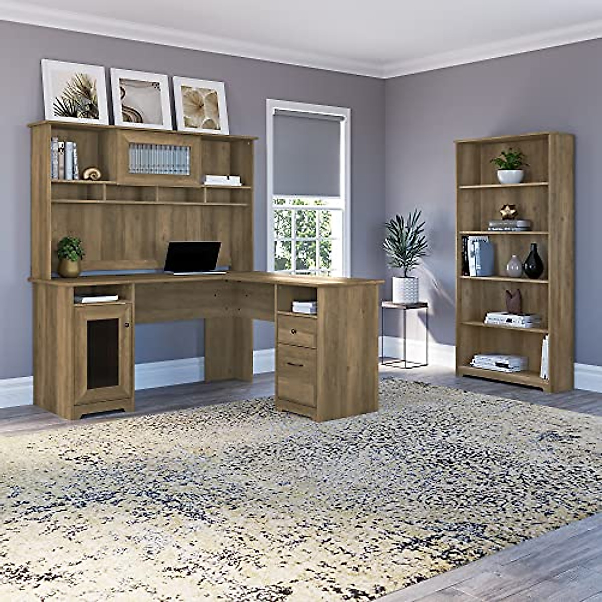 Bush Furniture Cabot L Desk with Hutch and 5 Shelf Bookcase, 60W, Reclaimed Pine