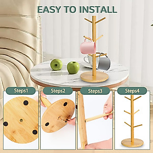 Roucerlin 1 Pack Wooden Coffee Mug Tree, Mug Holder Tree with 6 Hooks, Self-Mounting Mug Tree for Counter, Coffee Mug Stand Rack for Kitchen, Living Room, Coffee Station, Bar (Wood)