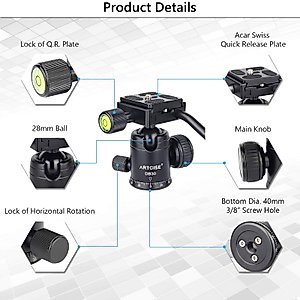 Ball Head with Handle All Metal CNC Panoramic Tripod Ball Head Camera Mount Ball Head with Two Quick Release Plates for Tripod, DSLR, Camcorder, Telescope，Max Load 22lbs/10kg（Black）
