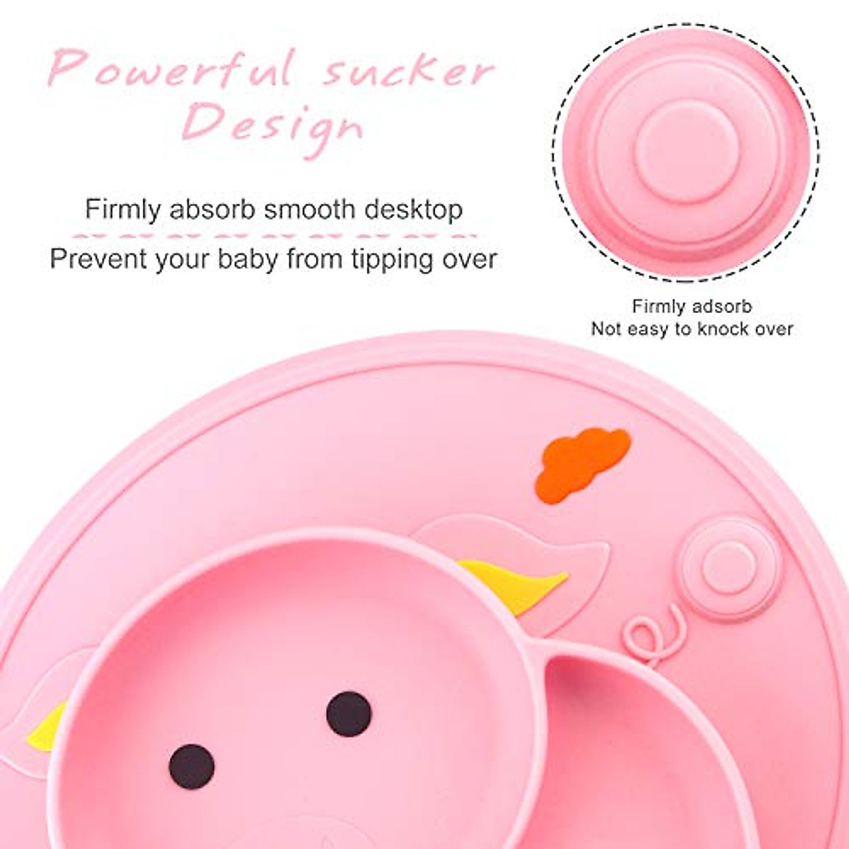 Qshare Toddler Plates, One-Piece Baby Plate for Toddlers and Kids, BPA-Free Strong Suction Plates for Toddlers, Dishwasher and Microwave Safe Silicone Placemat (PigPink/DuckCyan)