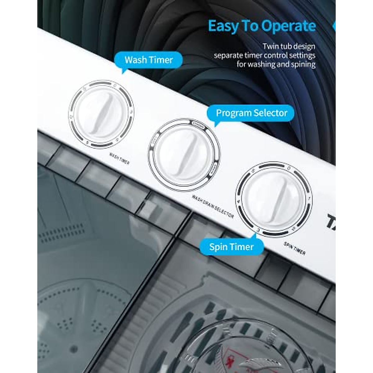 TABU 21Ibs Portable Washing Machine, Compact Washer Machine, Mini Washing Machine, Twin Tub Washer and Spiner, Ideal for Dorms, Apartments, RVs, Camping etc (White & BGrey)